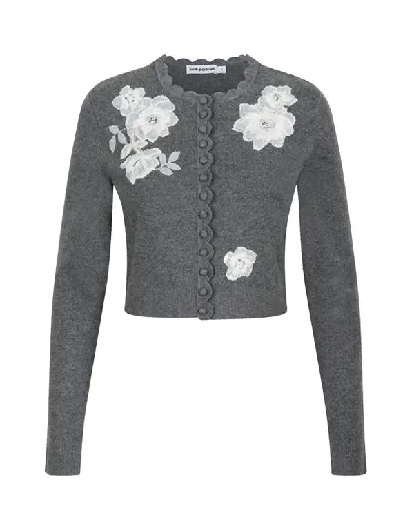 SELF-PORTRAIT Floral Appliqué Button-front Cardigan - Grey