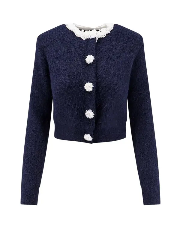 SELF-PORTRAIT Embellished Cropped Cardigan - Navy