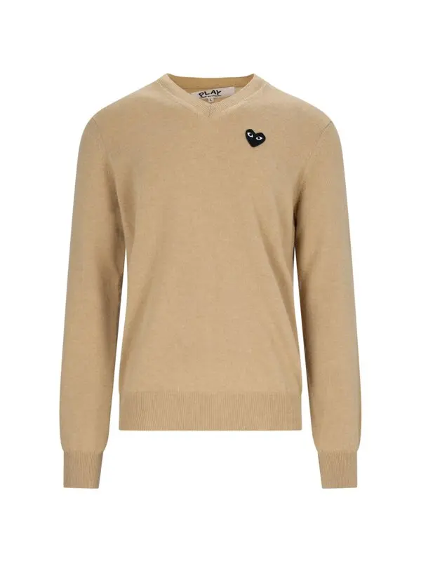 Play Comme Des Garcon 100% Wool V-neck Sweater With Appliqué Heart - Beige