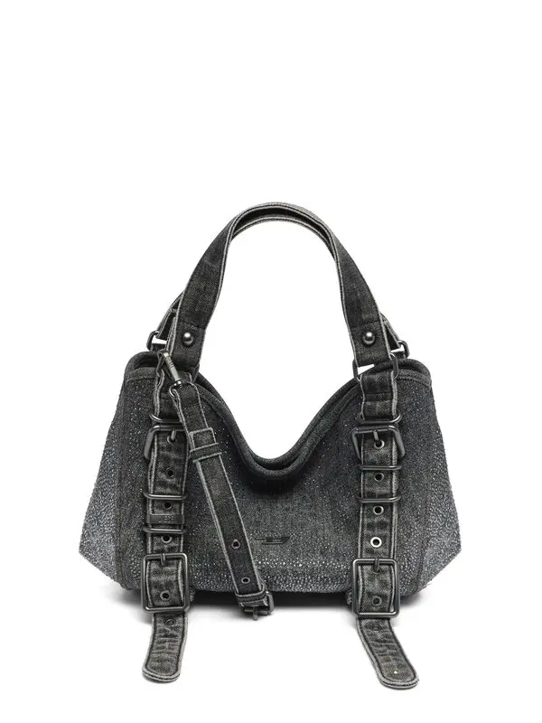 DIESEL® Crystal-embellished Denim Mini Handbag With Belt Buckle Hardware - Nero