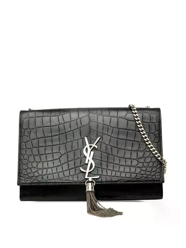 Saint Laurent 2016 Medium Croc Embossed Leather Monogram Kate Tassel Crossbody Bag - Black