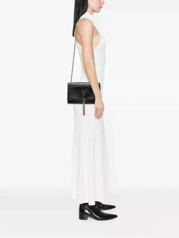 Saint Laurent 2016 Medium Croc Embossed Leather Monogram Kate Tassel Crossbody Bag