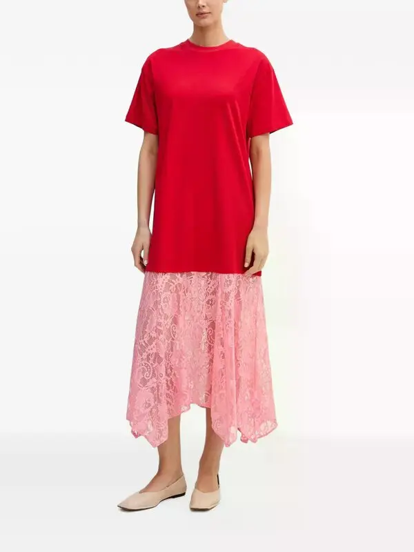 NEVER FULLY DRESSED Lace Panelled Crew Neck Midi Dress - Red