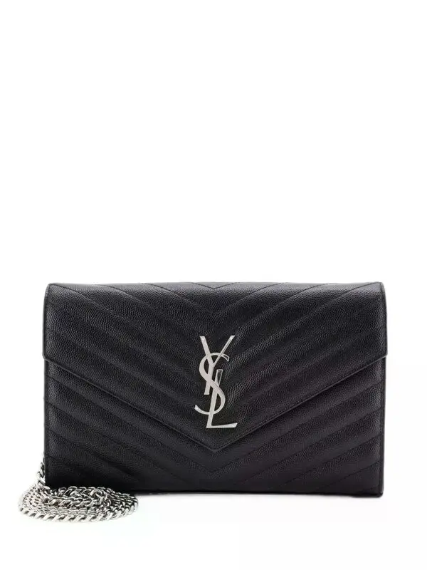 Saint Laurent Classic Monogram Wallet On Chain Matelasse Chevron Leather Medium Crossbody Bag - Black
