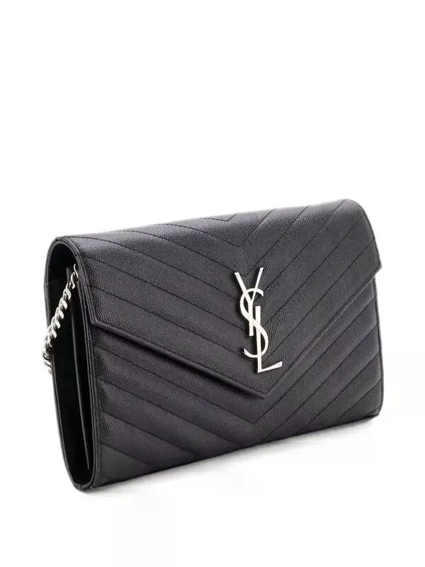 Saint Laurent Classic Monogram Wallet On Chain Matelasse Chevron Leather Medium Crossbody Bag - Black
