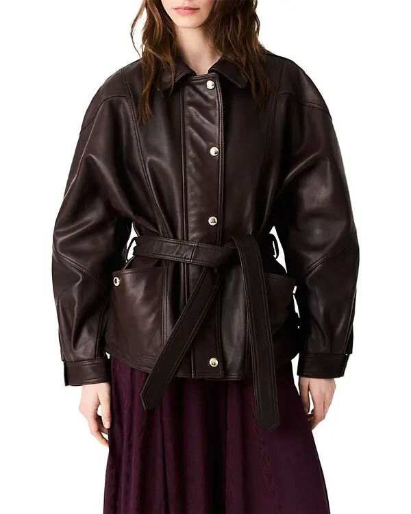 Maje Bianino Leather Belted Jacket - Brown