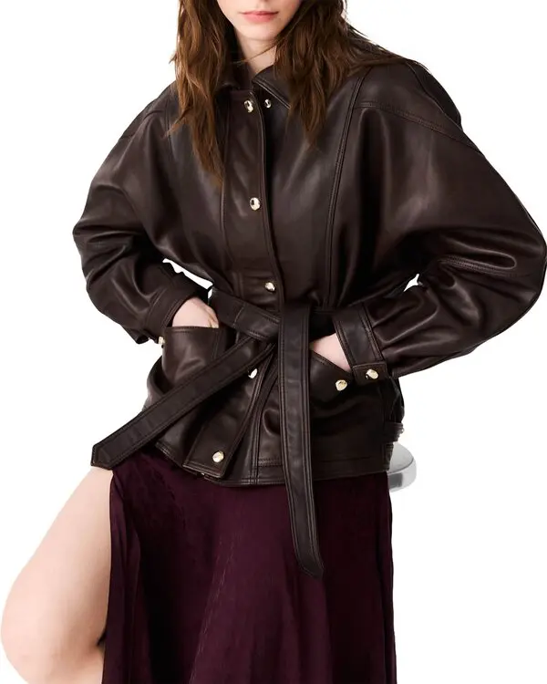 Maje Bianino Leather Belted Jacket