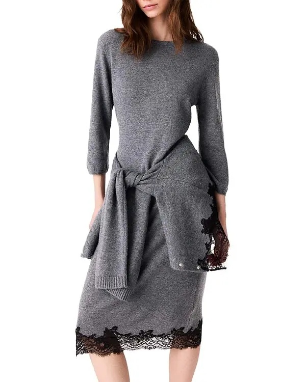 Maje Ridentelle Wool Lace Hem Dress - Grey/black