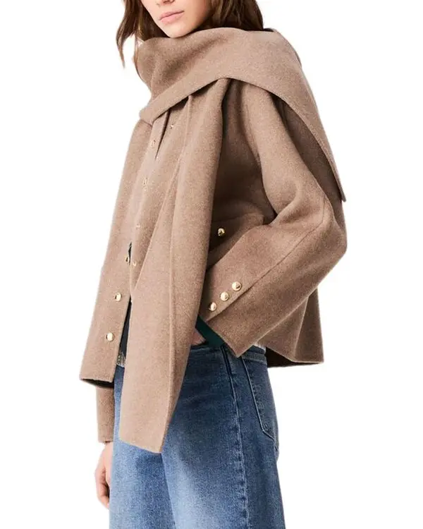 Maje Genest Wool Blend Hooded Scarf Short Coat