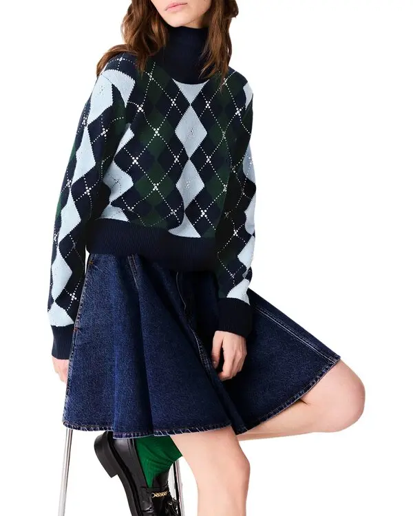 Maje Mirgy Wool Rhinestone Argyle Sweater
