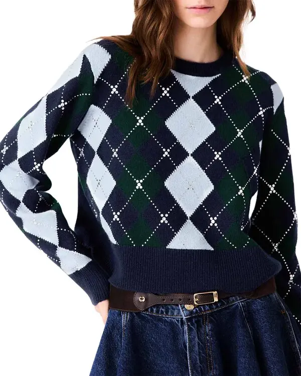 Maje Mirgy Wool Rhinestone Argyle Sweater