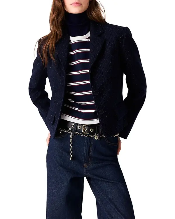 Maje Vilireu Cropped Metallic Stripe Blazer - Navy