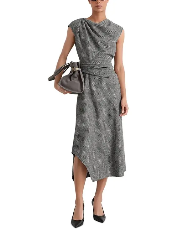 REISS Clara Houndstooth Check Tailored Midi Dress - Grey
