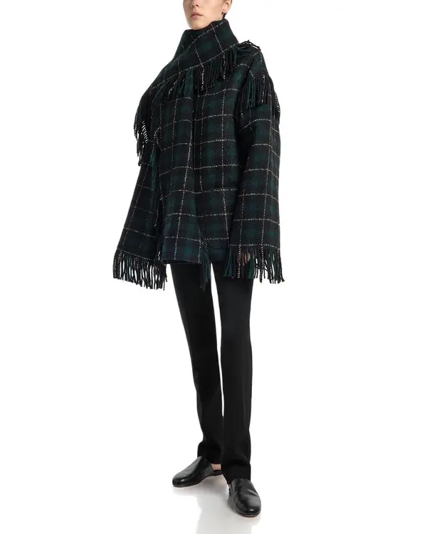 TOTEME Wool Blend Fringe Trim Scarf Collar Jacket - Pine/black