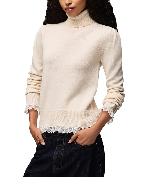 GANNI Lace Trim Merino Turtleneck Sweater - Egret