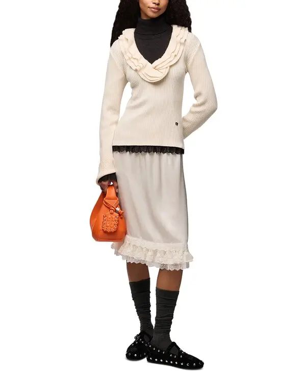 GANNI Ribbed Merino Wool-blend Ruffel Sweater