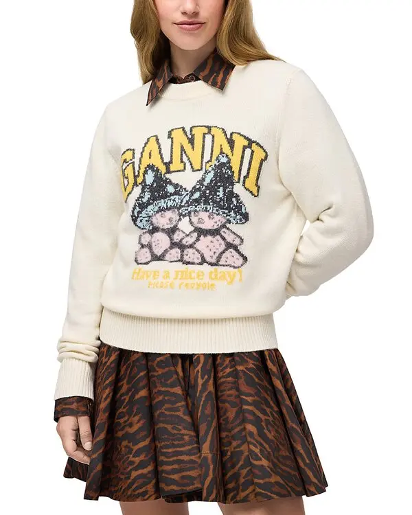 GANNI Mushroom Teddy Crewneck Sweater - Egret