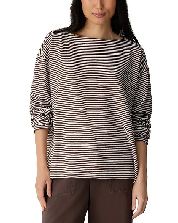 Eileen Fisher Striped Bateau Neck Boxy Top - Truffle