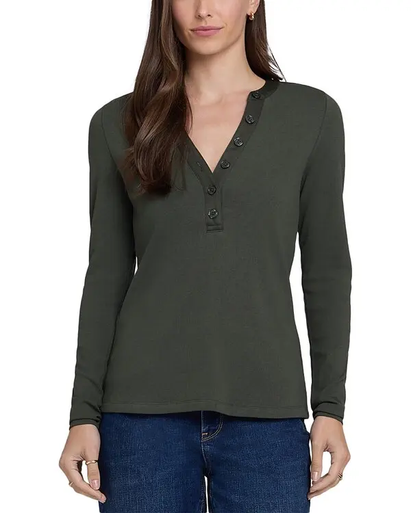 NYDJ Emery Ribbed Henley Top - True Olive