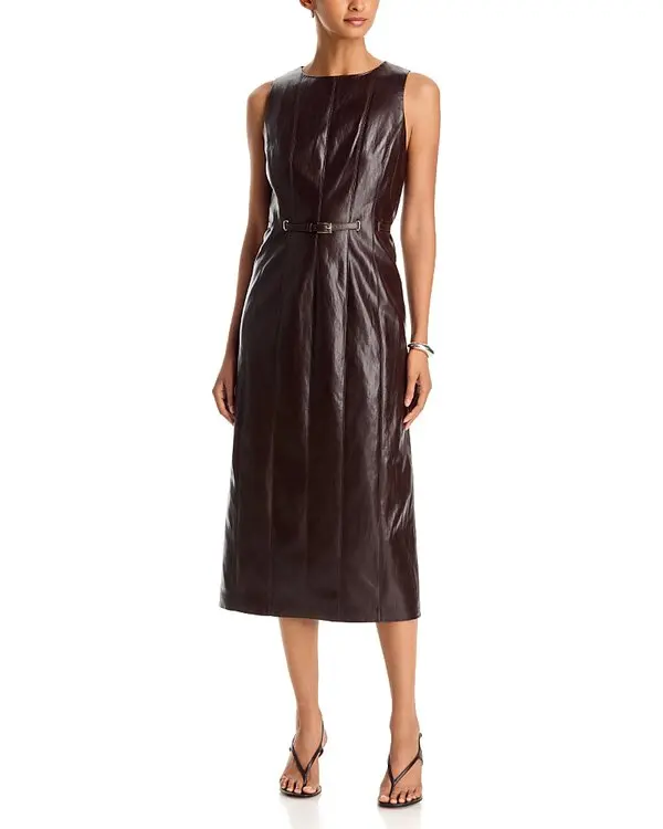 MILLY Elsie Faux Leather Sleeveless Midi Dress - Dark Brown
