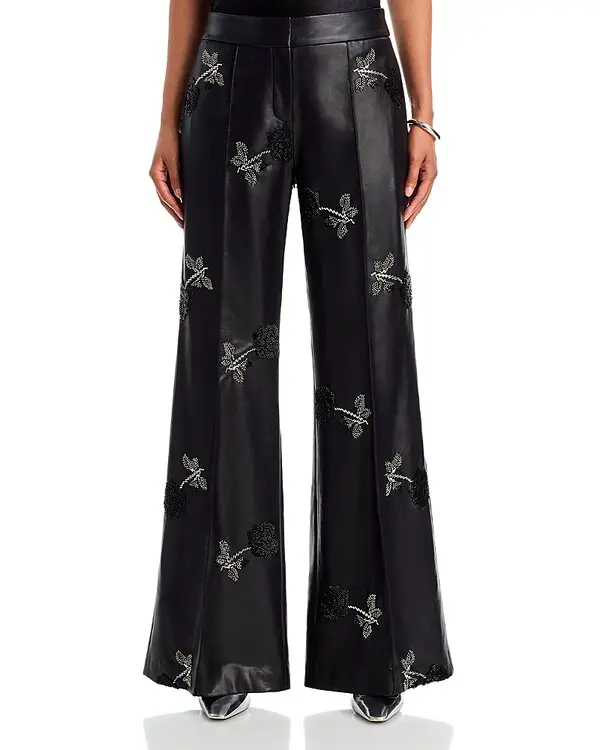MILLY Nash Faux Leather Beaded Wide Leg Pants - Black