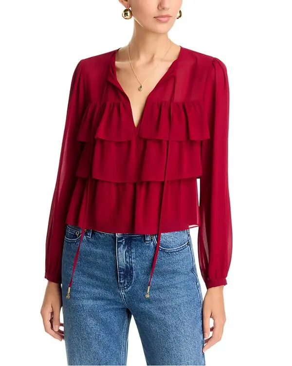 Michael Kors Ruffled Tiered Long Sleeve Top - Deep Red