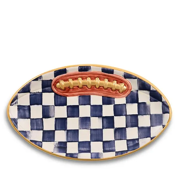 MACKENZIE-CHILDS Indigo Check Ceramic Football Platter - Blue