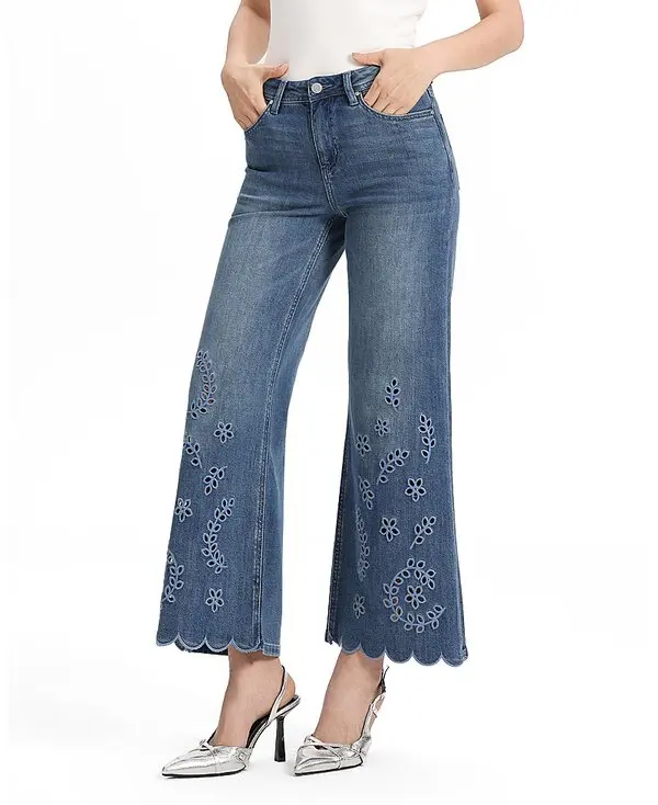 BAYEAS Vine Embroidered Mid Rise Flare Wavy Hem Denim Jeans In Nebula - Blue
