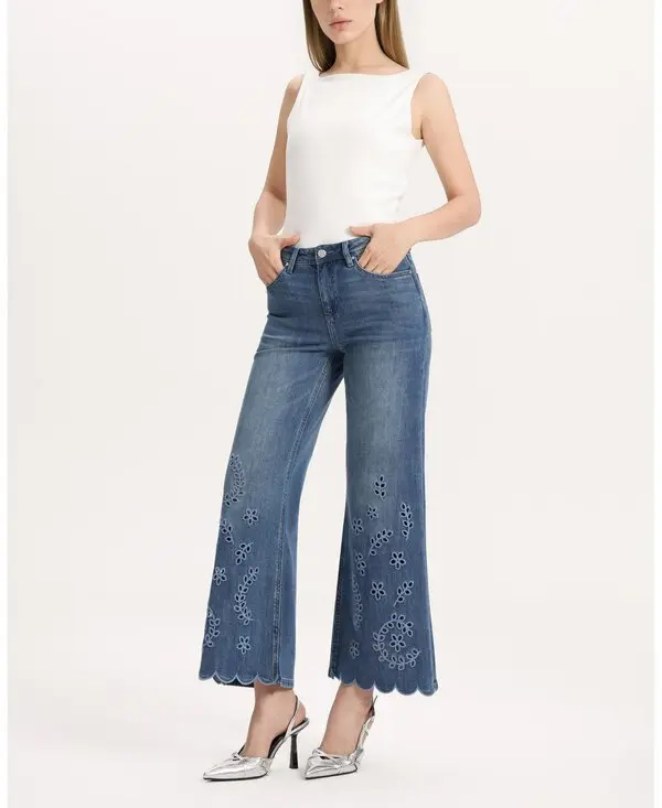 BAYEAS Vine Embroidered Mid Rise Flare Wavy Hem Denim Jeans In Nebula