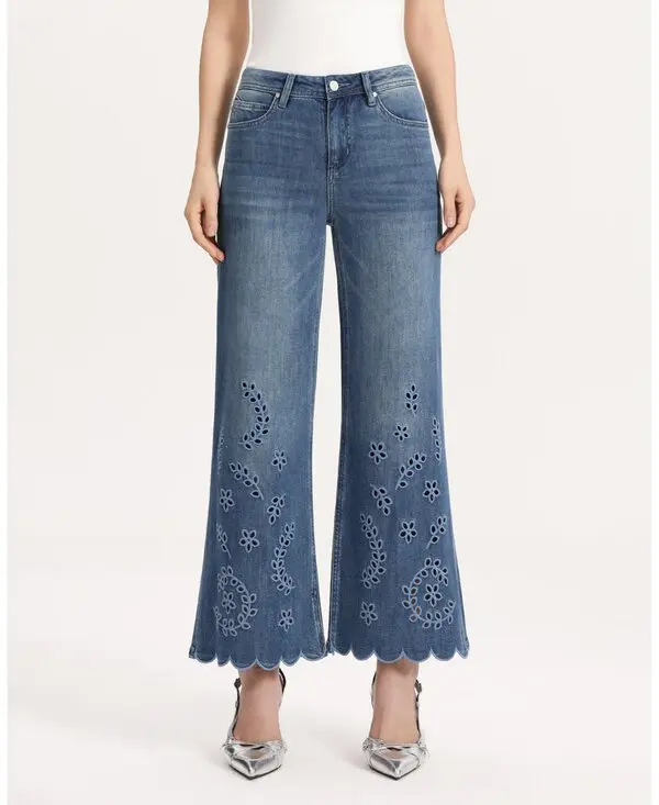 BAYEAS Vine Embroidered Mid Rise Flare Wavy Hem Denim Jeans In Nebula