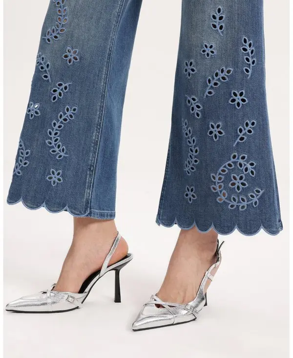 BAYEAS Vine Embroidered Mid Rise Flare Wavy Hem Denim Jeans In Nebula
