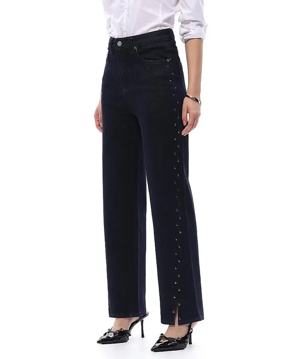 BAYEAS High Rise Straight Leg Denim Jeans With Studded Detailing In Rinse Wash - Blue