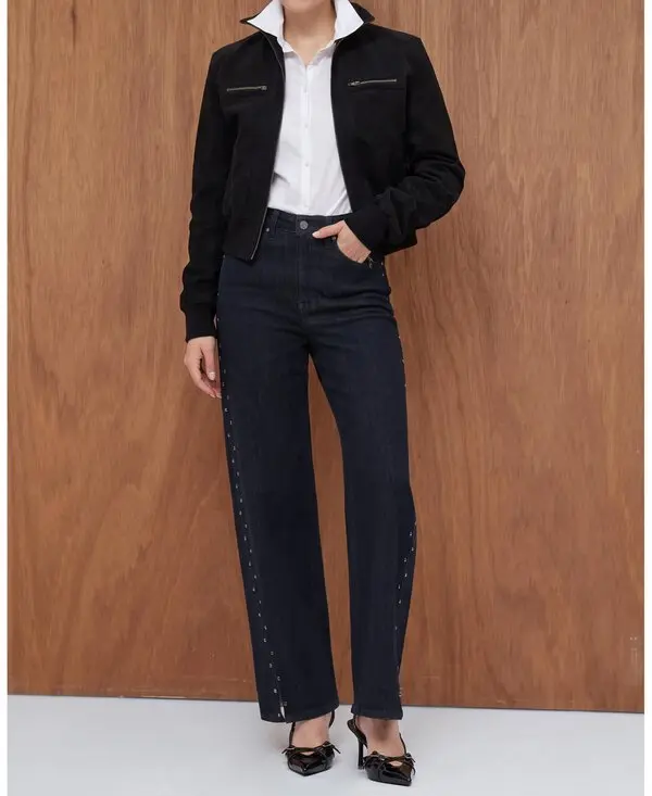 BAYEAS High Rise Straight Leg Denim Jeans With Studded Detailing - Blue