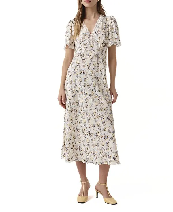 GHOST LONDON Belle Lace Crepe V-neck Midi Dress - Ivory Ditsy