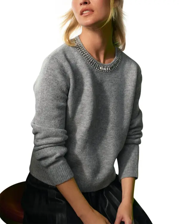 CECE DUPRAZ Rhinestone Collar Crewneck Sweater