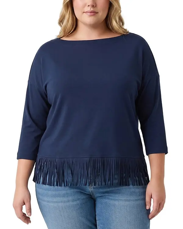Karen Kane Three-quarter Sleeve Boat Neck Top With Fringe Trim - Navy