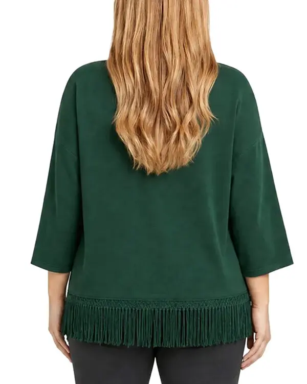Karen Kane Three Quarter Sleeve Fringe Trim Boat Neck Top - Spruce