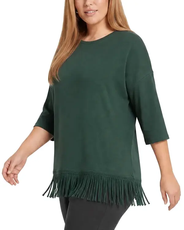 Karen Kane Three Quarter Sleeve Fringe Trim Boat Neck Top - Spruce