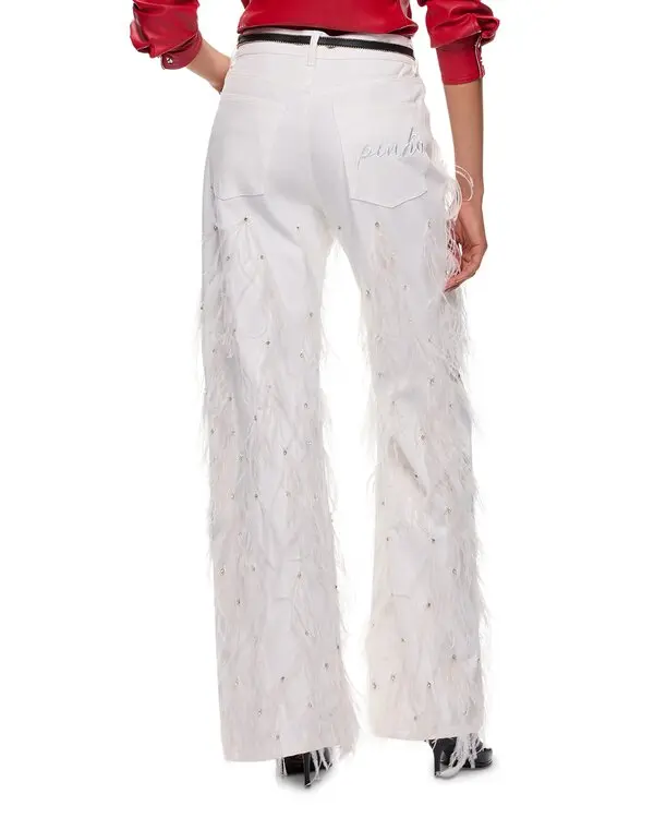 Pinko Tigra Cotton Feather Embellished Wide Leg Pants