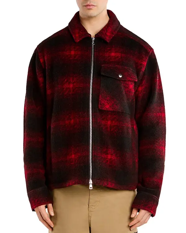 Moncler Point Collar Zip Check Pocket Shirt - Bright Red