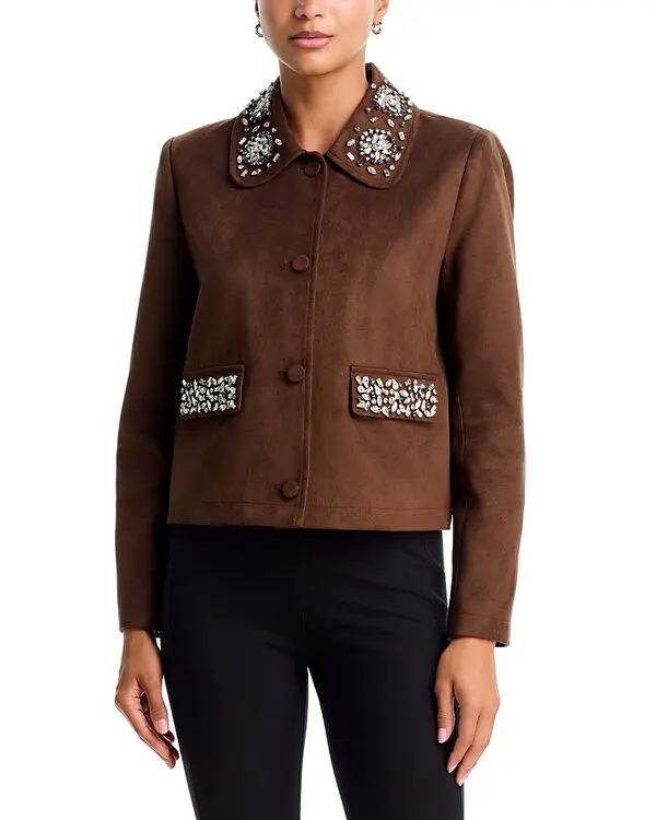 Aqua Embellished Faux Suede Jacket Exclusive - Brown