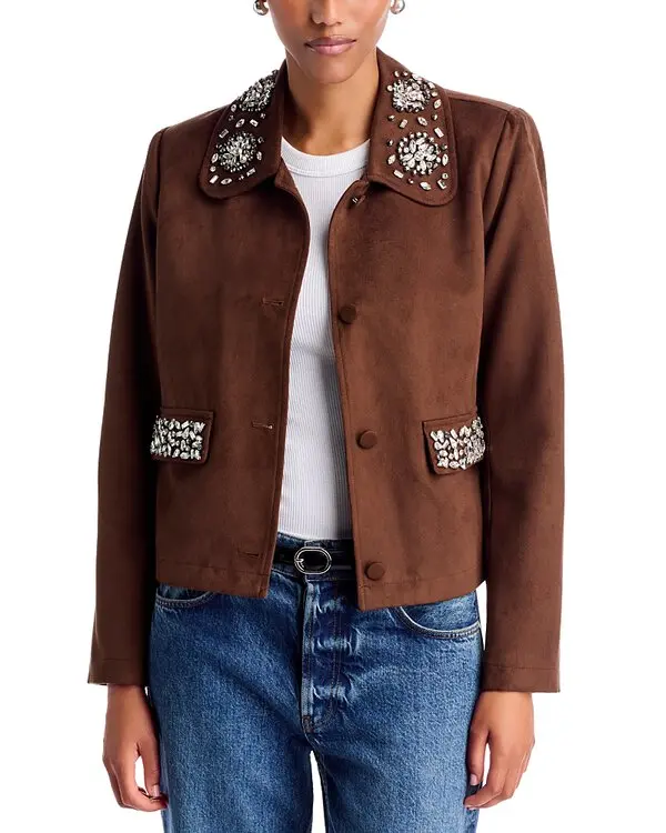 Aqua Embellished Faux Suede Jacket - Brown