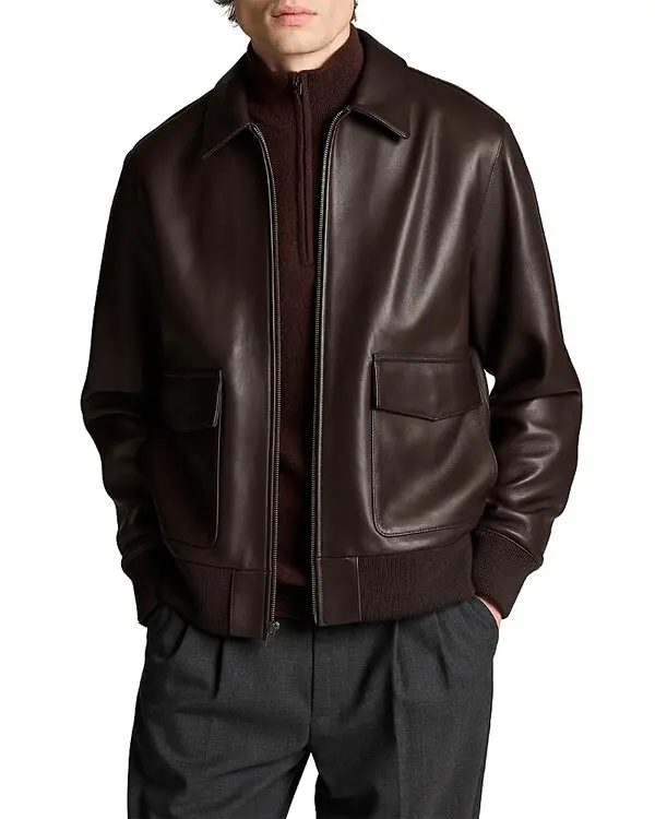 Vince Leather Point Collar Aviator Bomber Jacket