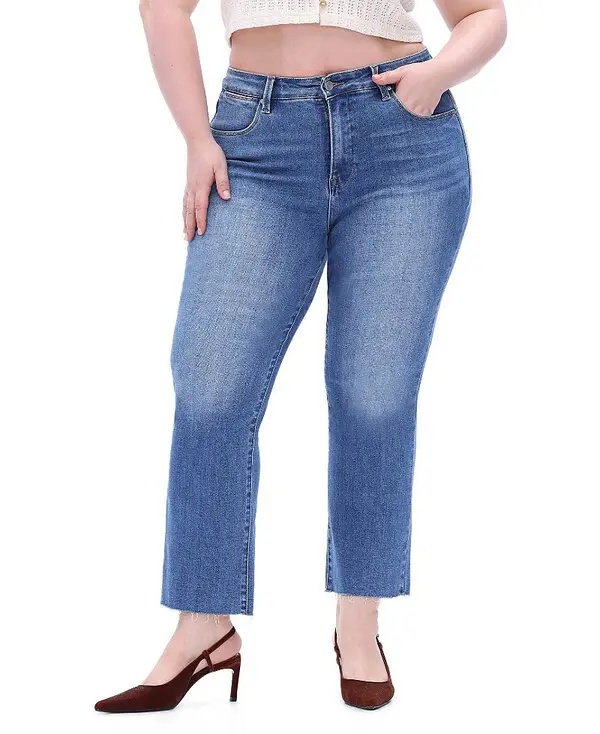 BAYEAS Plus Mid Rise Straight Leg With Raw Hem Denim Jeans - Medium Blue