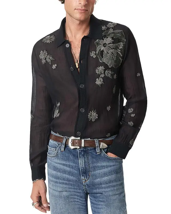 John Varvatos Arden Cotton & Silk Sheer Floral Shirt - Black