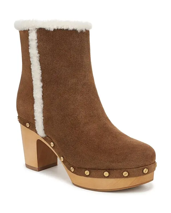 Veronica Beard Loreen Faux Fur Trim Suede Clog Boots - Chestnut