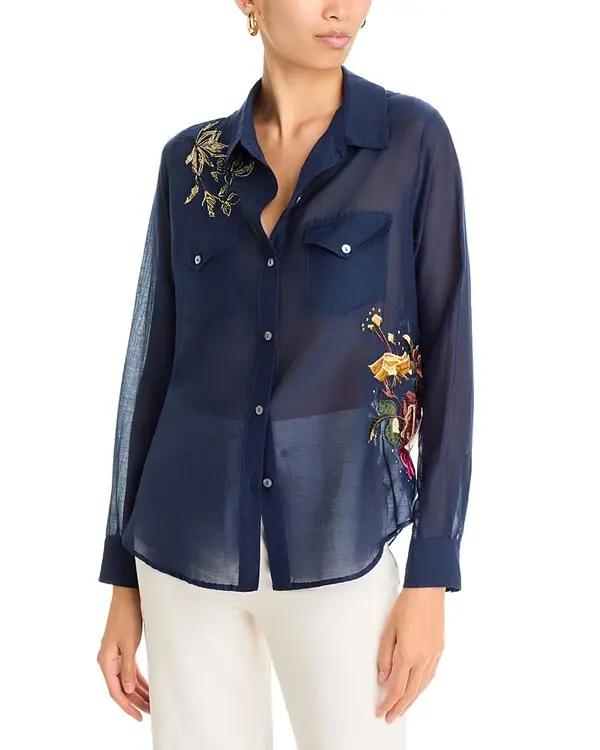 Johnny Was Westward Cotton & Silk Button Up Shirt - Blue Night