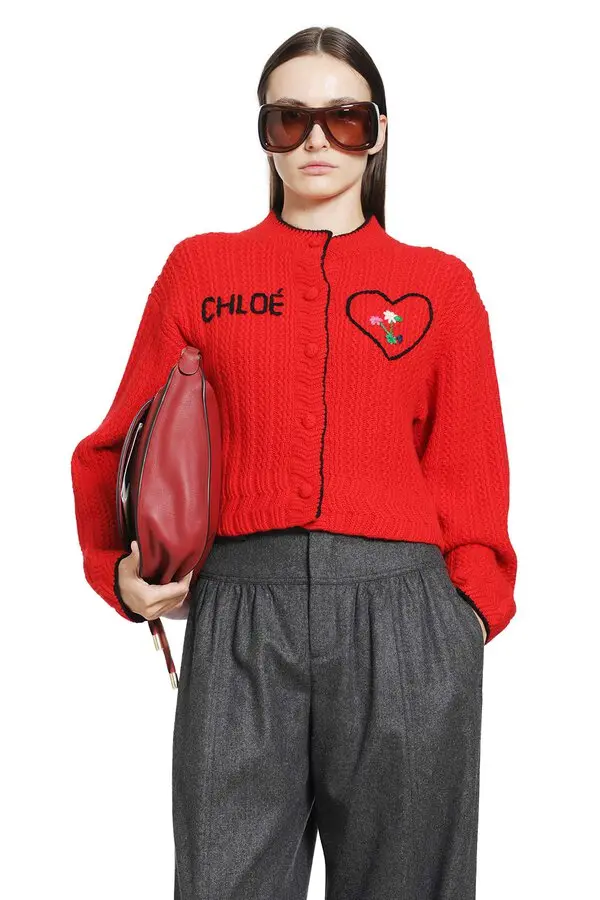 Chloé Heart Logo Wool-cashmere Cardigan - Red