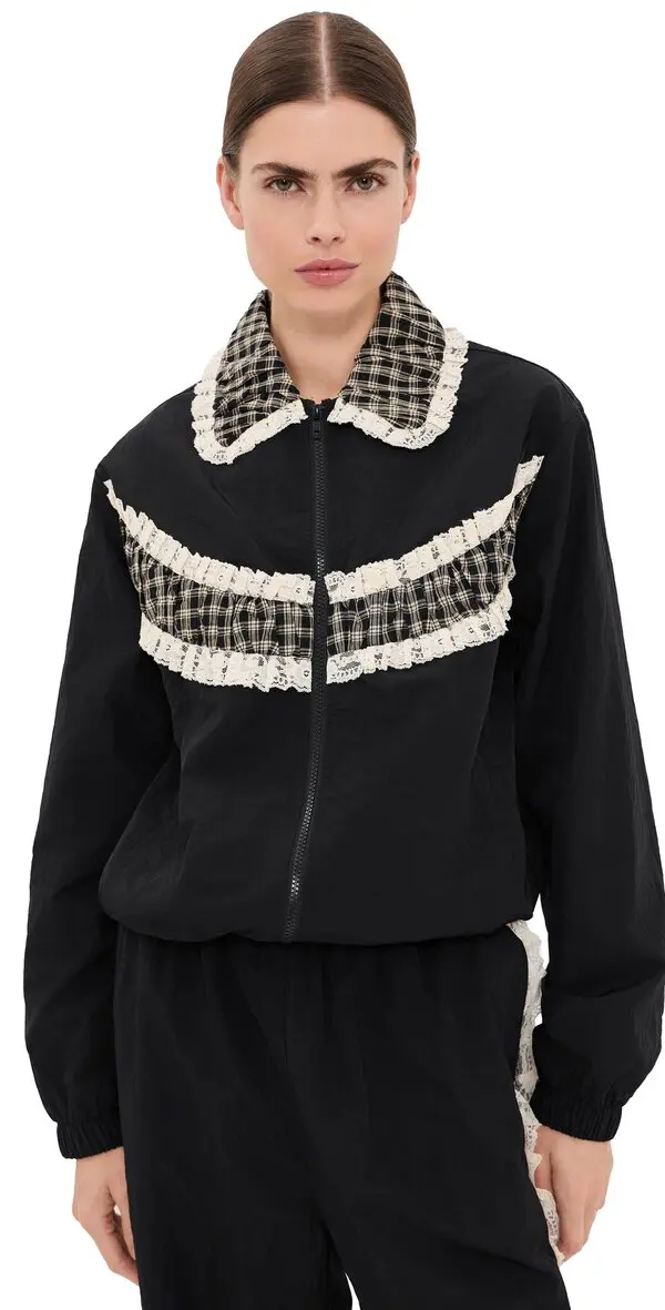 TANNER FLETCHER Kennedy Ruched Stripe Track Jacket - Black Plaid