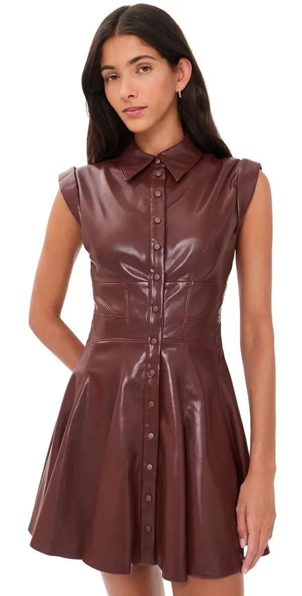 Alice + Olivia Kim Vegan Leather Paneled Corset Flared Mini Shirt Dress - Cognac